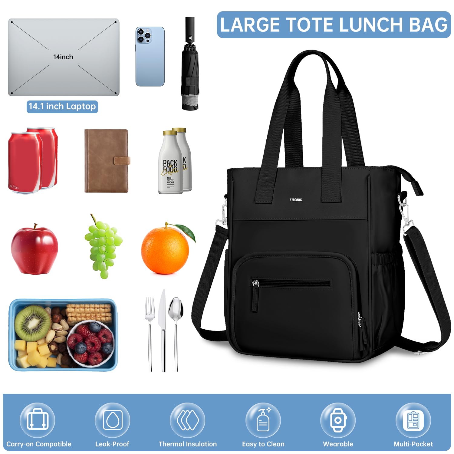 ETRONIK Lunch Bag for Women Work, Large Leakproof Insulated Lunch Box with Laptop Compartment, Wide-Open Tote Cooler Bag with Removable Strap,Cute Lunch Tote Bag for Work Picnic Camping Beach black