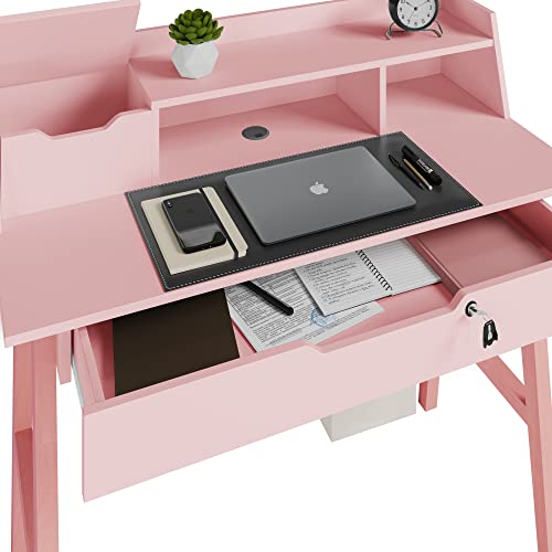 Roma Writing Desk - Elegant Wood Study Desk With Storage, Cable Holes & Drawers - Work Table for Home, Office, Dorm, Small Spaces - Compact Black Desk, 40x19x36.9β (pink)