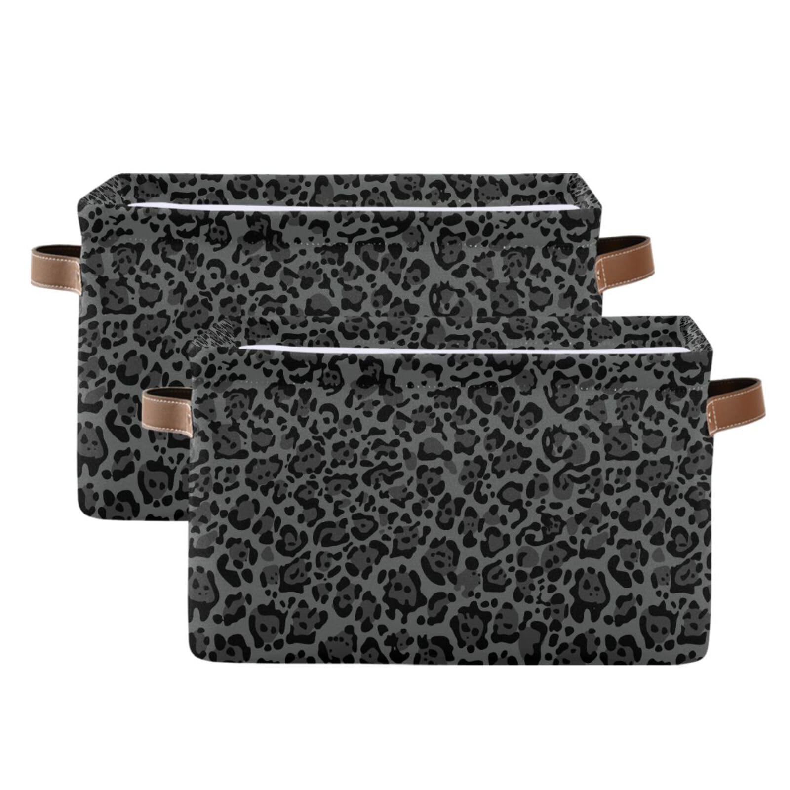 Moudou Black Leopard Storage Basket 2 Pcs, Waterproof Canvas Collapsible Toys Storage Bin with Leather Handles for Closet,Shelves, Nursery, Dorm, Bedroom, Office, Home Decor