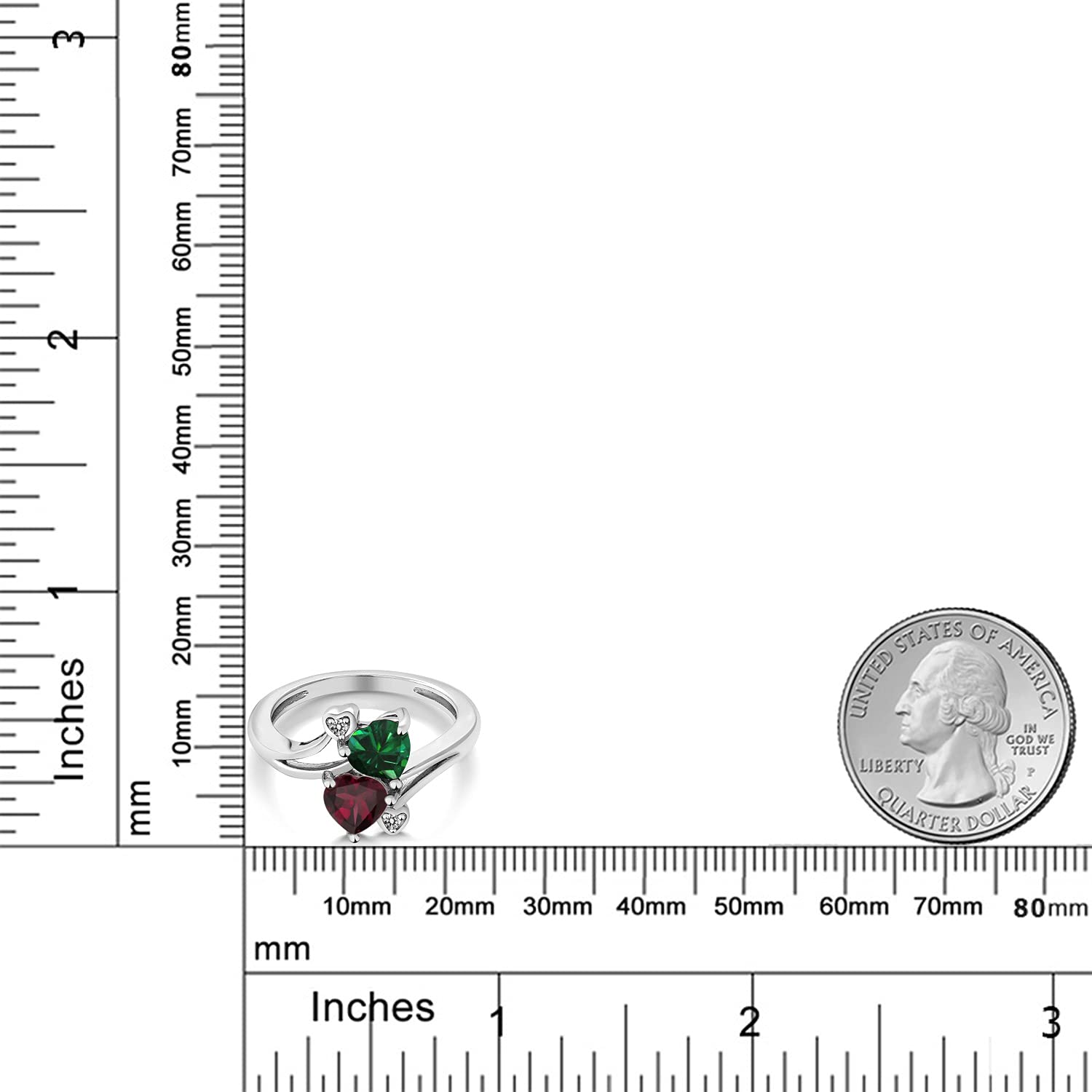 Gem Stone King 925 Sterling Silver Green Nano Emerald Red Rhodolite Garnet and White Diamond Ring For Women (1.45 Cttw, Heart Shape 6MM, Gemstone May Birthstone, Available In Size 5, 6, 7, 8, 9)