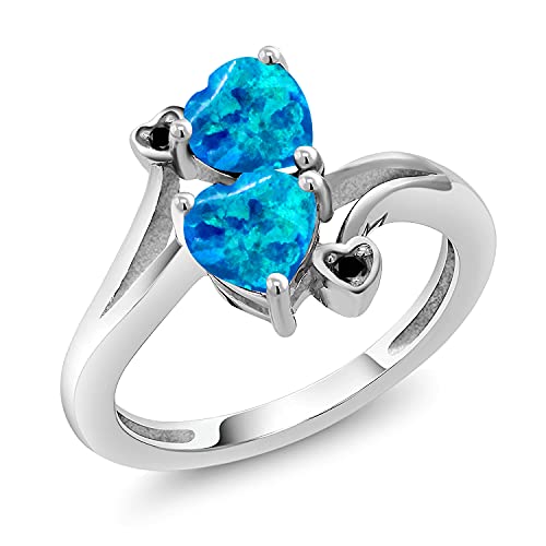 Gem Stone King 1.53 Ct Heart Shape Blue Simulated Opal 925 Sterling Silver Black Diamond Ring (Size 7)
