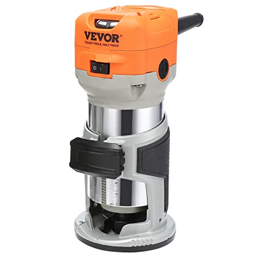 VEVOR Wood Router, 1.25HP 800W, Compact Wood Trimmer Router Tool, 30000RPM Max Speed 6 Variable Speeds, with 1/4'' & 5/16'' Collets 12 PCs Milling Cutters Dust Hood, for Woodworking Slotting Trimming