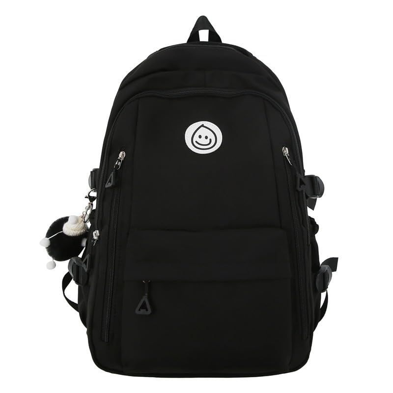 Romlvy Kawaii Backpack with Cute Accessories Classic Multi Pockets Large Capacity Daypack Practical Aesthetic Backpack (Black)