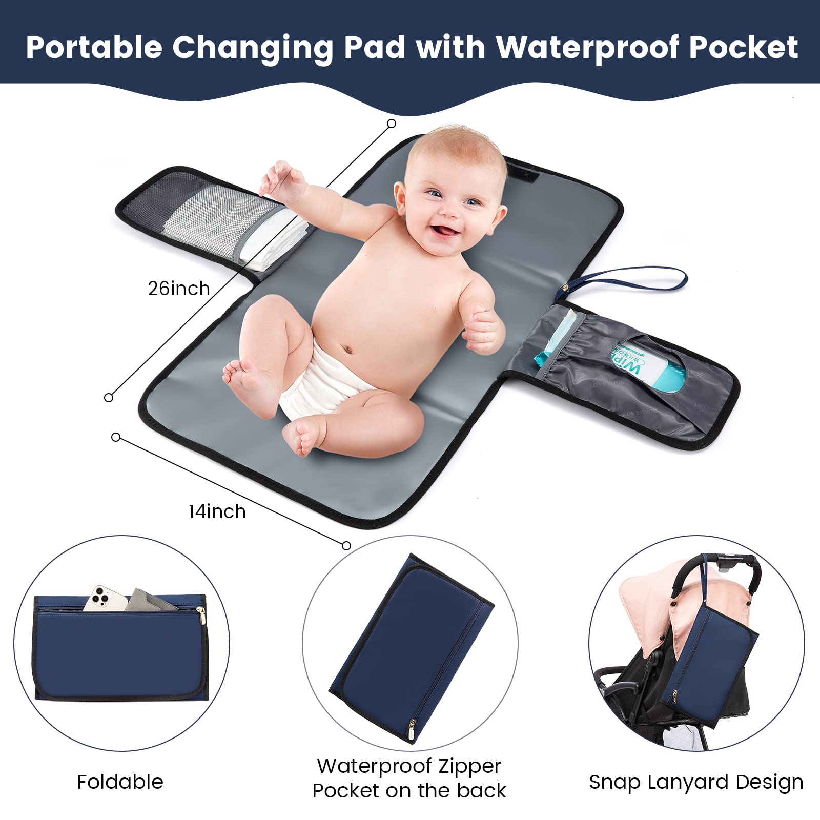 LOVEVOOK Diaper Bag Backpack,Quilted Baby Bag for Mom and Dad, Large Capacity Travel Back Pack with Changing Pad & Pacifier Holder,Navy Blue