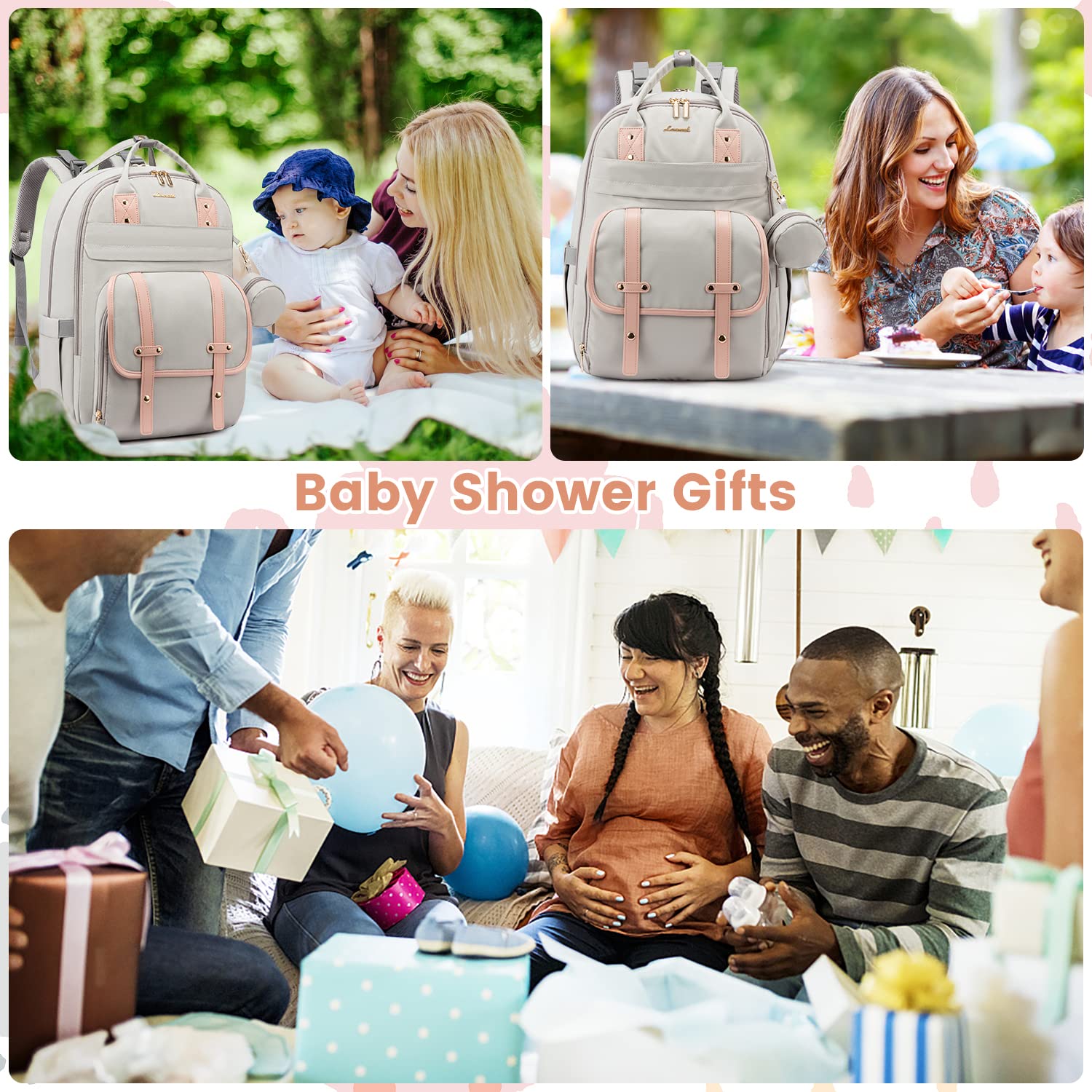 LOVEVOOK Diaper Bag Backpack, Multifunction Baby Bags for Girls, Large Travel Flap Diaper Backpack Nappy Bag with Pacifier Case & Stroller Straps, Diaper Bag with Changing Pad for Baby, Grey Pink