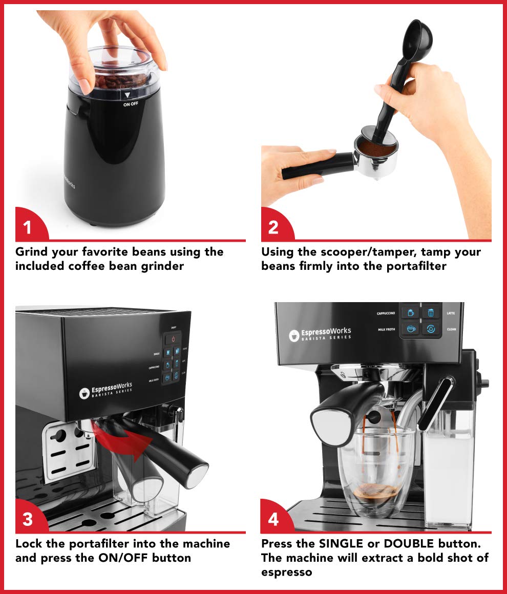EspressoWorks All-In-One Espresso Machine with Milk Frother 7-Piece Set - Latte Maker Includes Grinder, Frothing Pitcher, Cups, Spoon and Tamper - Coffee Gifts (Stainless Steel)