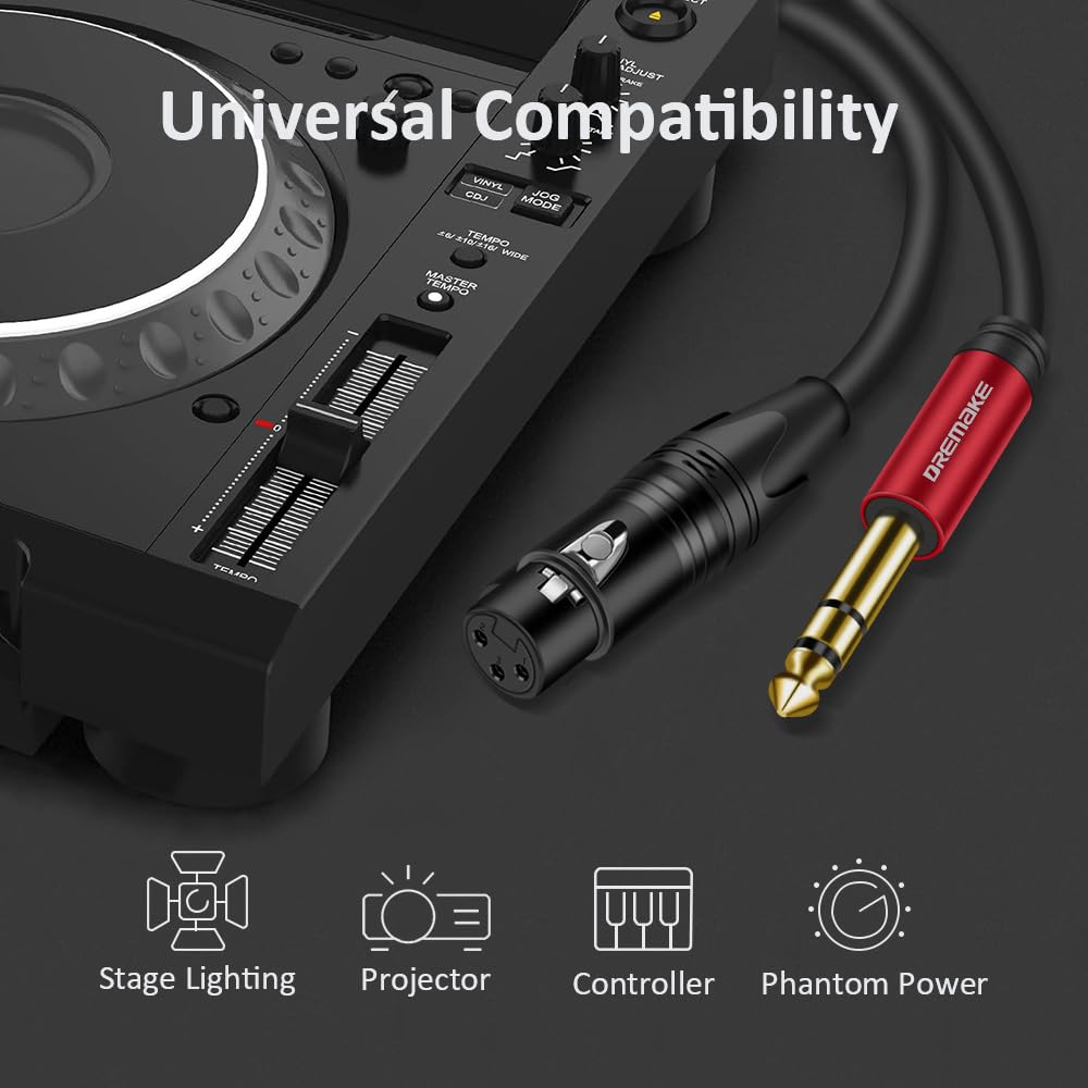 DREMAKE Balanced XLR to 1/4 Audio Cable, 20FT Jack 6.35mm (1/4 inch) TRS Male to XLR Female Signal Interconnect Mic Cable for Mixer, Audio Sound Consoles, Power Amplifier - Red