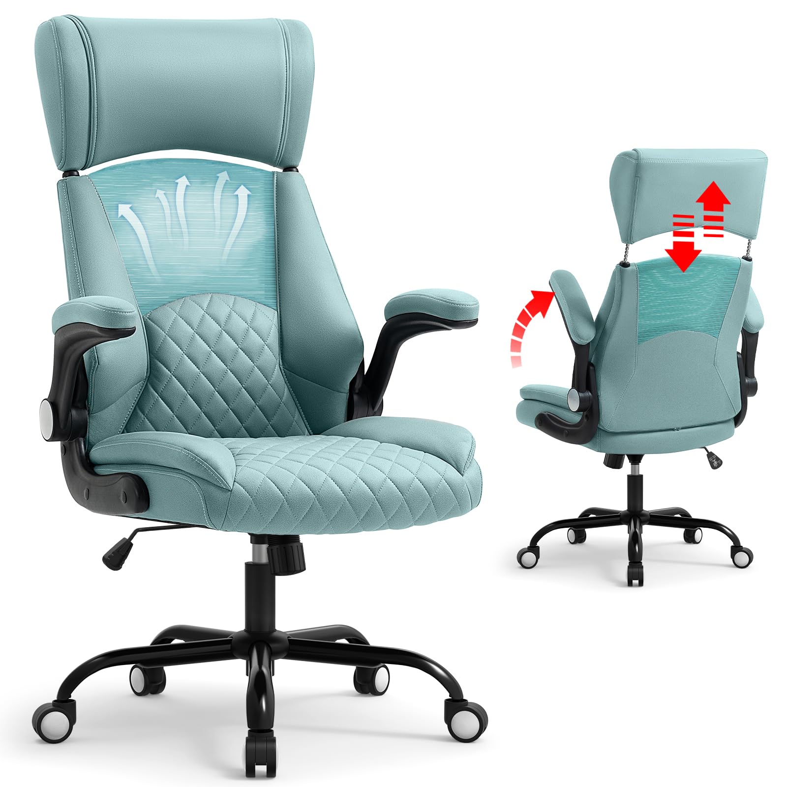 SEATZONE Home Office Desk Chairs with Wide Headrest, Rolling Desk Chair with Wheels and Flip-up Armrest, Computer Chairs Adjustable Backward Tilt, Teal Leathaire