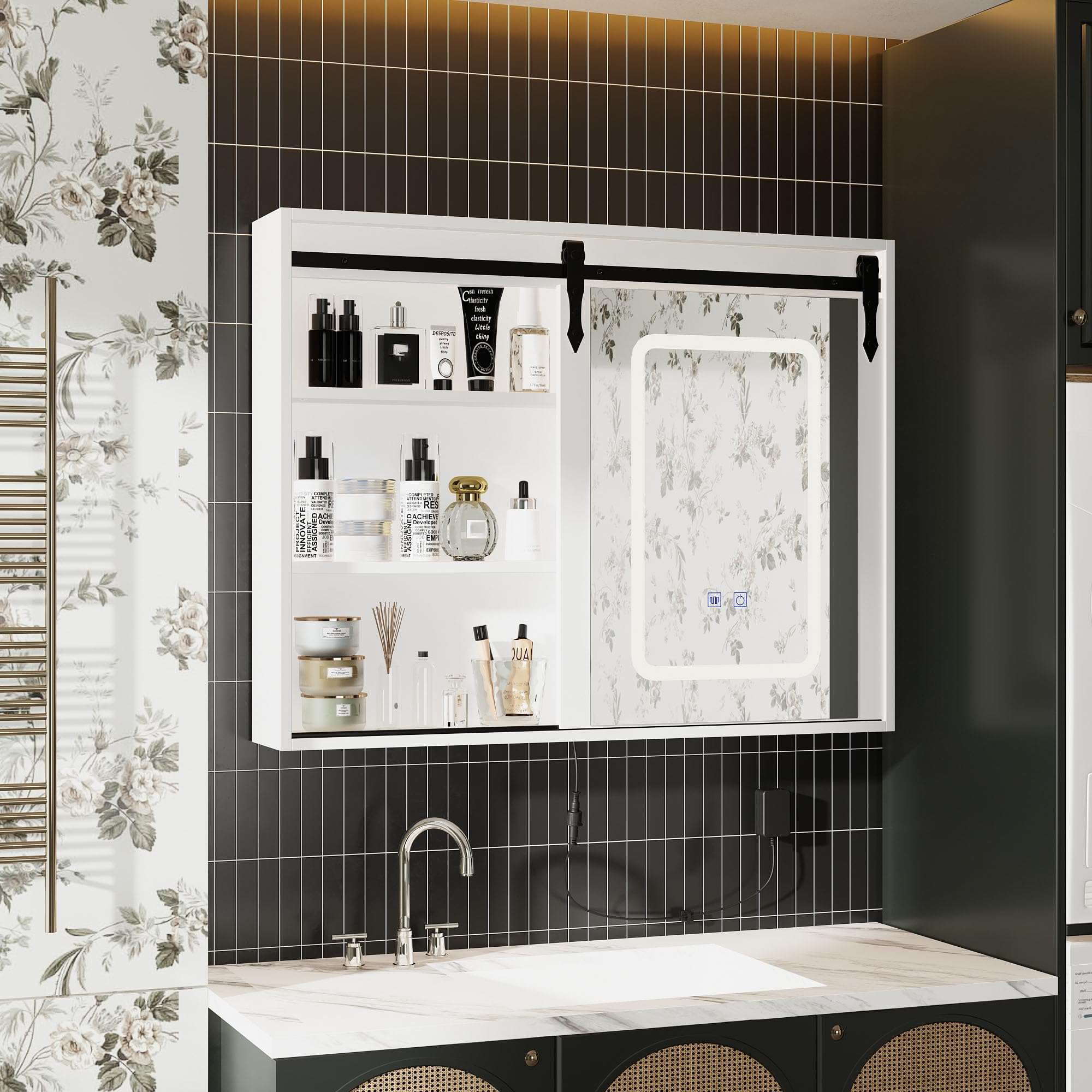 Lovinouse Medicine Cabinet for Bathroom with Mirror Sliding Door & LED Lights, Large Rectangle Wall Mounted Storage Cabinet w/Glass Doors, Shelves & Anti-Fog Function, 35.4 X 27.6 Inch, White