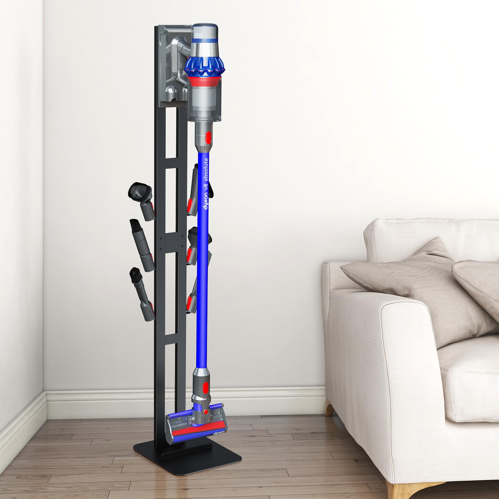 Docking Station Holder Vacuum Stand Rack Compatible with V15 Detect, V11 V10 V8 V7 V6 Cordless Vacuum Cleaners, Floor Docking Station Metal Organizer Bracket with 6 Hooks, Matte Black