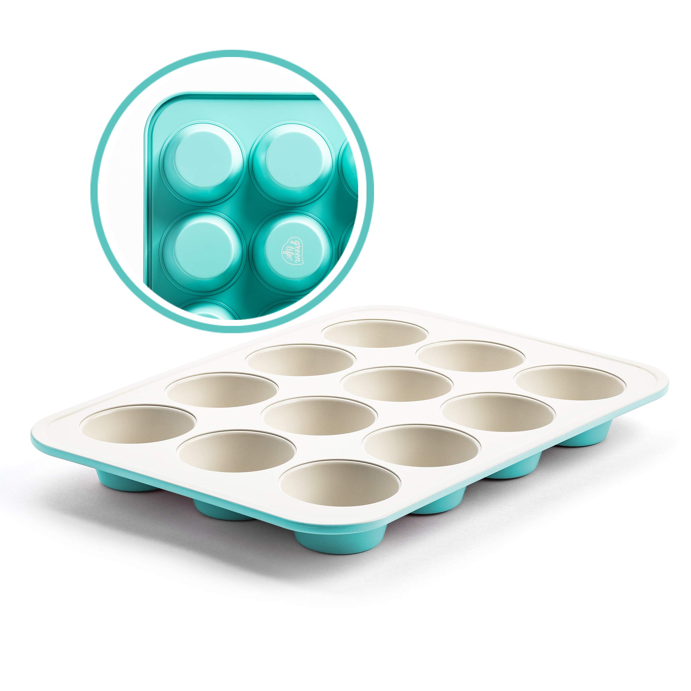 GreenLife Bakeware Healthy Ceramic Nonstick 18" x 13" Half Cookie Sheet Baking Pan, PFAS-Free, Turquoise & Bakeware Healthy Ceramic Nonstick, 12 Cup Muffin and Cupcake Baking Pan, PFAS-Free, Turquoise