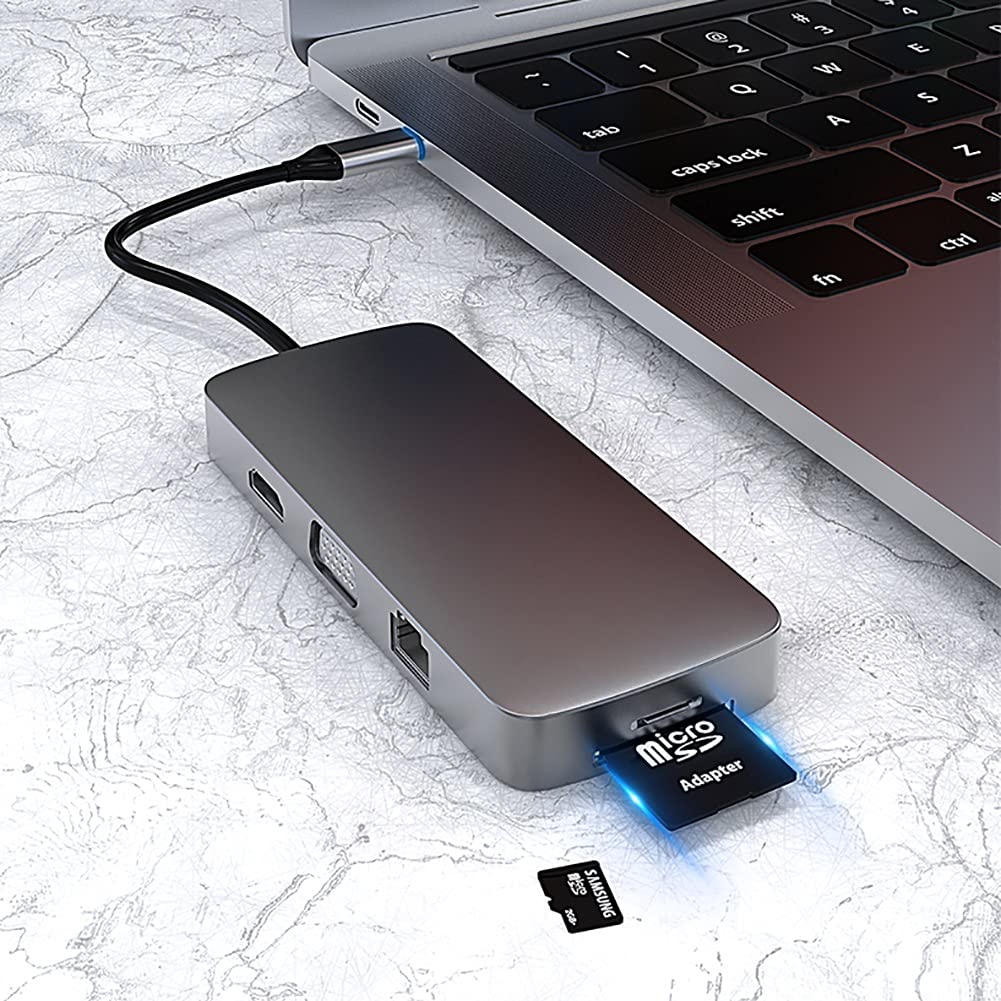 Hub Dock Adapter USB C Hub 10 in 1 USB-C Splitter Hub with Ethernet, HDMI, VGA, 2 USB 3.0, USB 2.0, SD/TF Card Reader, 3.5mm Audio, USB-C PD Computer Accessories