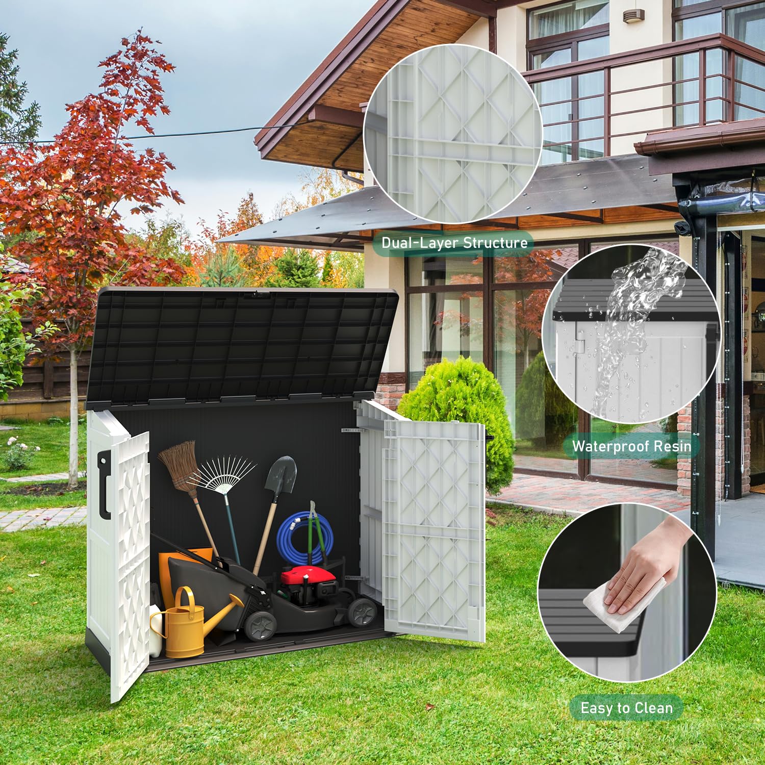 NUNU LAB Outdoor Storage Shed 36 Cu. Ft.Horizontal Garden Storage Extra Large Capacity Weather Resistant Storage Box, Lockable Resin Waterproof Shed for Easy Storage of Garbage Cans, Tools, Lawn Mower