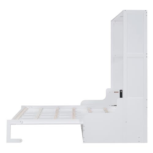 Murphy Bed Queen Murphy Bed with Cushion Under the Chair, Queen Size Murphy Bed Cabinet Bed, Wood Queen Wall Bed, Hidden Murphy Bed, Horizontal Murphy Bed for Guest Bedroom Apartment Studio Use, White