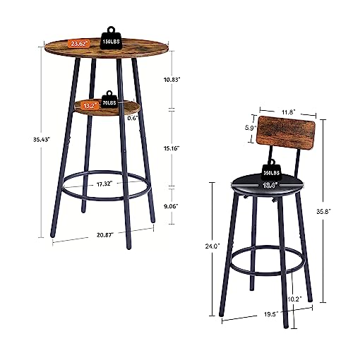 Tensun Bistro Table and Chairs Set of 2, Pub High Top Round Table and Chairs Set with Upholstered Cushion, Storage Shelf and Backrest, 3-Piece Bar Stool Set for Breakfast Nook, Rustic Brown