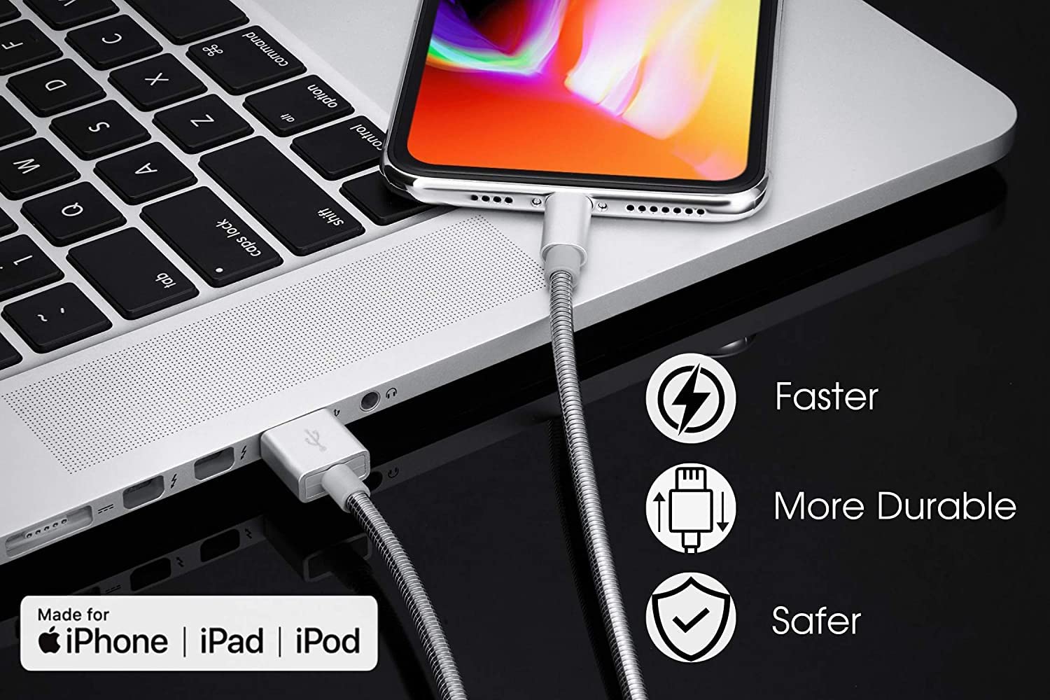 METZONIC Apple MFi Certified Charger [2 Pack, 6.6 Feet] Metal 304 Stainless Steel Braided USB Charging Cable High Speed Connector Data Sync Transfer Cord