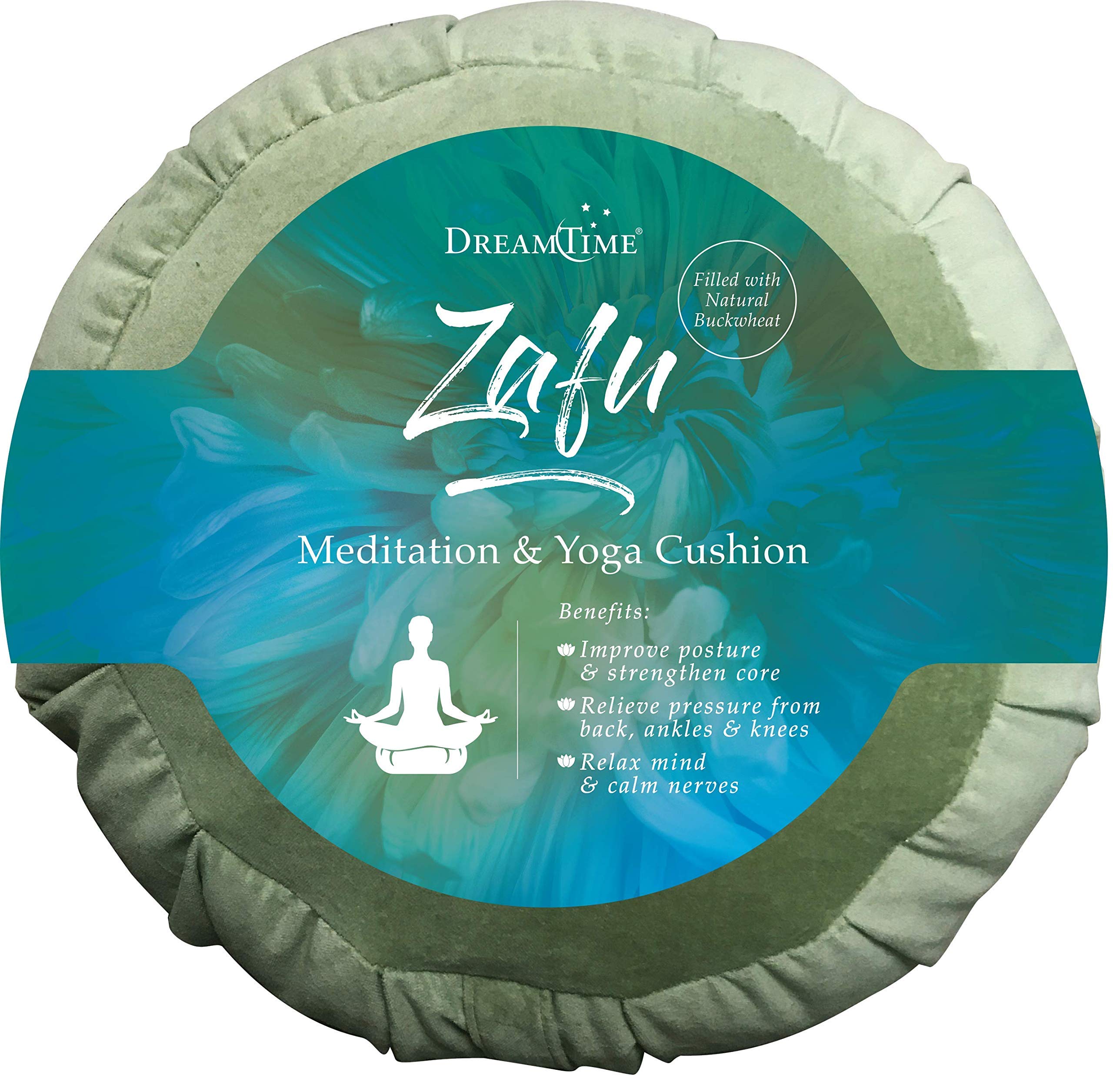 DreamTime Floor Pillow Meditation Cushion Zafu for Yoga, Green Velvet, Buckwheat Fill