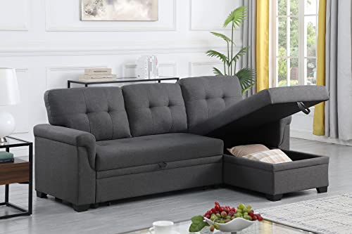 RITSU L-Shape Dark Gray Corner Couch with Storage Chaise, Linen Reversible Fabric Sleeper Sectional Sofa with Arms for Living Room, Apartment, Home Furniture, Dorm