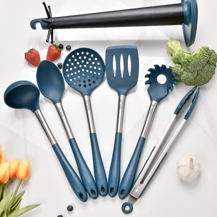 DE'VELO kitchen Cooking Utensils Sets 7pcs Silicone Kitchen Utensils Non-stick Heat Resistant Silicone Kitchen Tools with Stainless Steel Handle for Home Kitchen