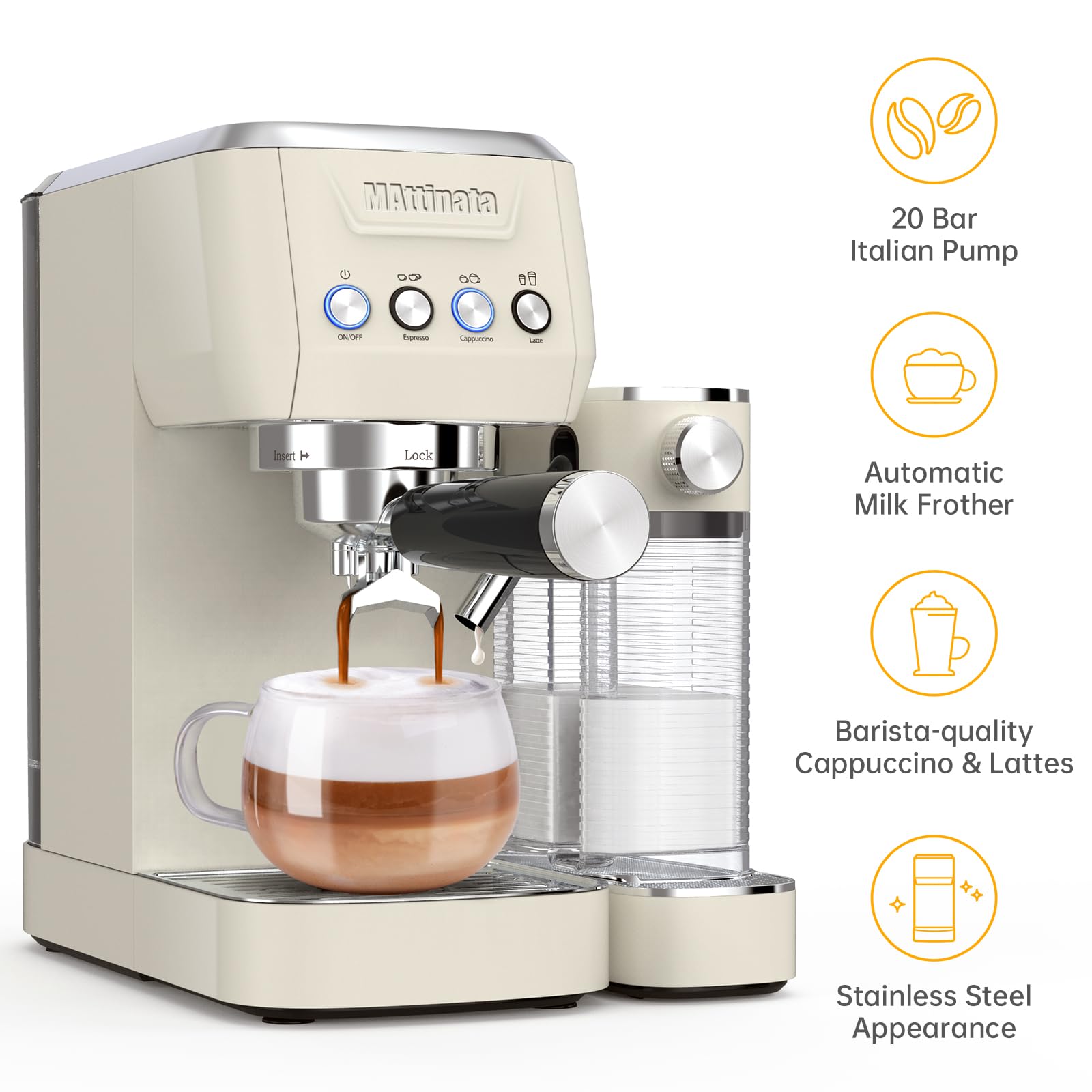 MAttinata Espresso Machine 20 Bar, Cappuccino Machine for Home with 2.0 Long Life Automatic Milk Tank, Espresso Maker with Milk Frother, Coffee Maker Present, Stainless Steel-Mattino Creamy Love