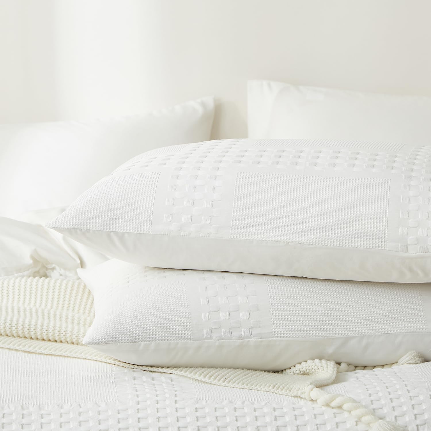 Sedefen White Waffle Duvet Cover King Size Shabby Chic Boho Square Textured Pattern 3 Pieces Soft Microfiber Bedding Duvet Cover Set Gift Choice Home Decrative