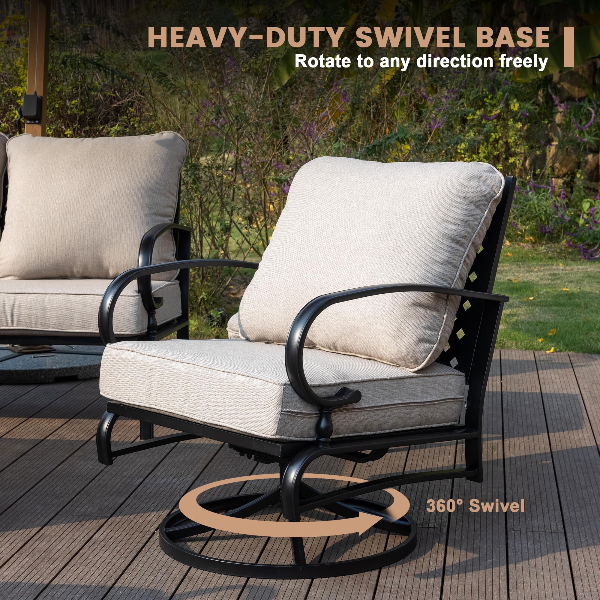VICLLAX Patio Furniture Set 4 Pieces Outdoor Conversation Set, 3-Seat Sofa with 45" Ceramic Tabletop Fire Pit and 2 Swivel Sofa Chairs for Garden, Poolside, Backyard, Beige Cushion