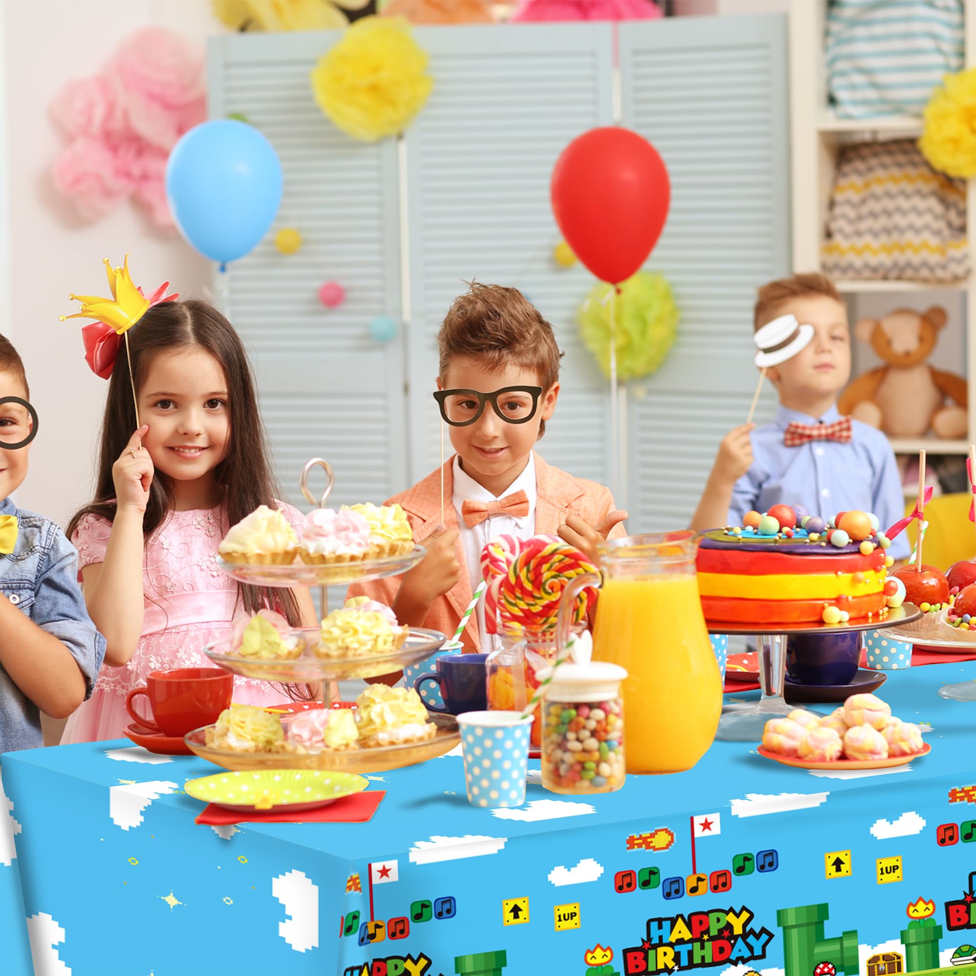 Generic 3 PCS Super Brothers Party Tablecloth, Plastic Disposable Video Games Table Cover for Games Birthday Party Decorations Supplies, 86.6 x 51.2in, Blue