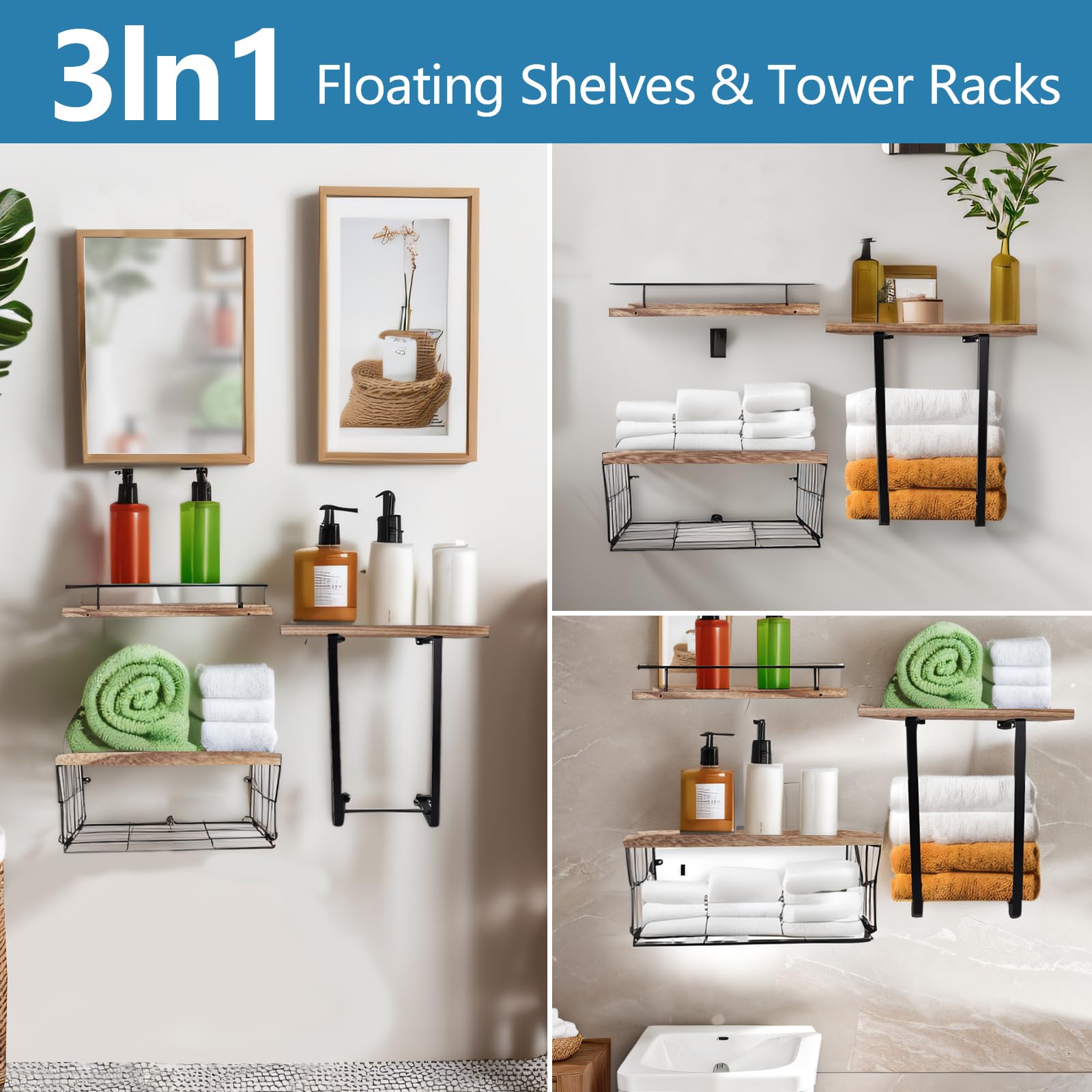 HXC-BLG Bathroom Shelves Over Toilet for Wall,Floating Shelves Over Toilet Paper Holder,Wall Mounted Rustic Wood Storage Basket Shelves for Bedroom,Living Room & Kitchen