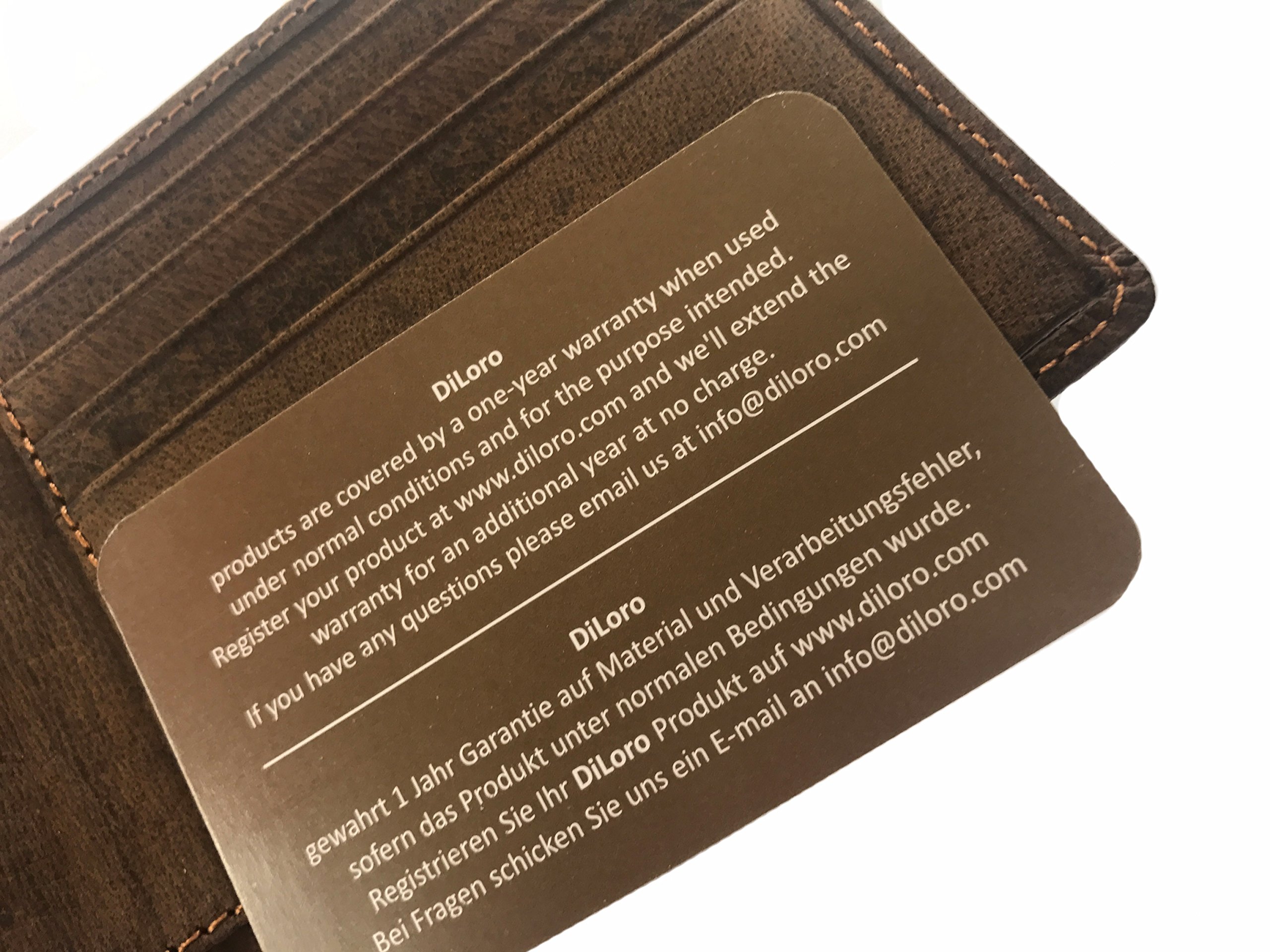 DiLoro Men's Slim Minimalist Bifold Genuine Full Grain Real Buffalo Leather with RFID Double Money Long Pocket and 8 cards (Dark Hunter Brown)