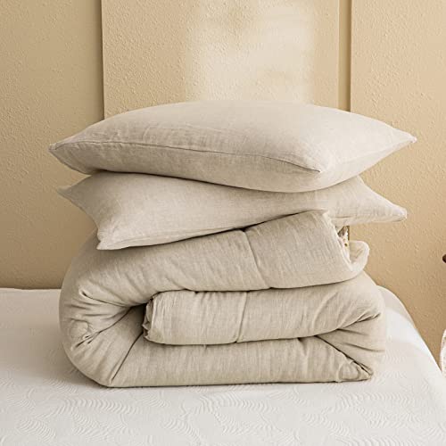 Merryword Linen Comforter Set King Size Natural French Flax Linen Bedding Comforter Set Soft Breathable Moisture Wicking Comfy Bedding 3 Pieces (Linen, King)