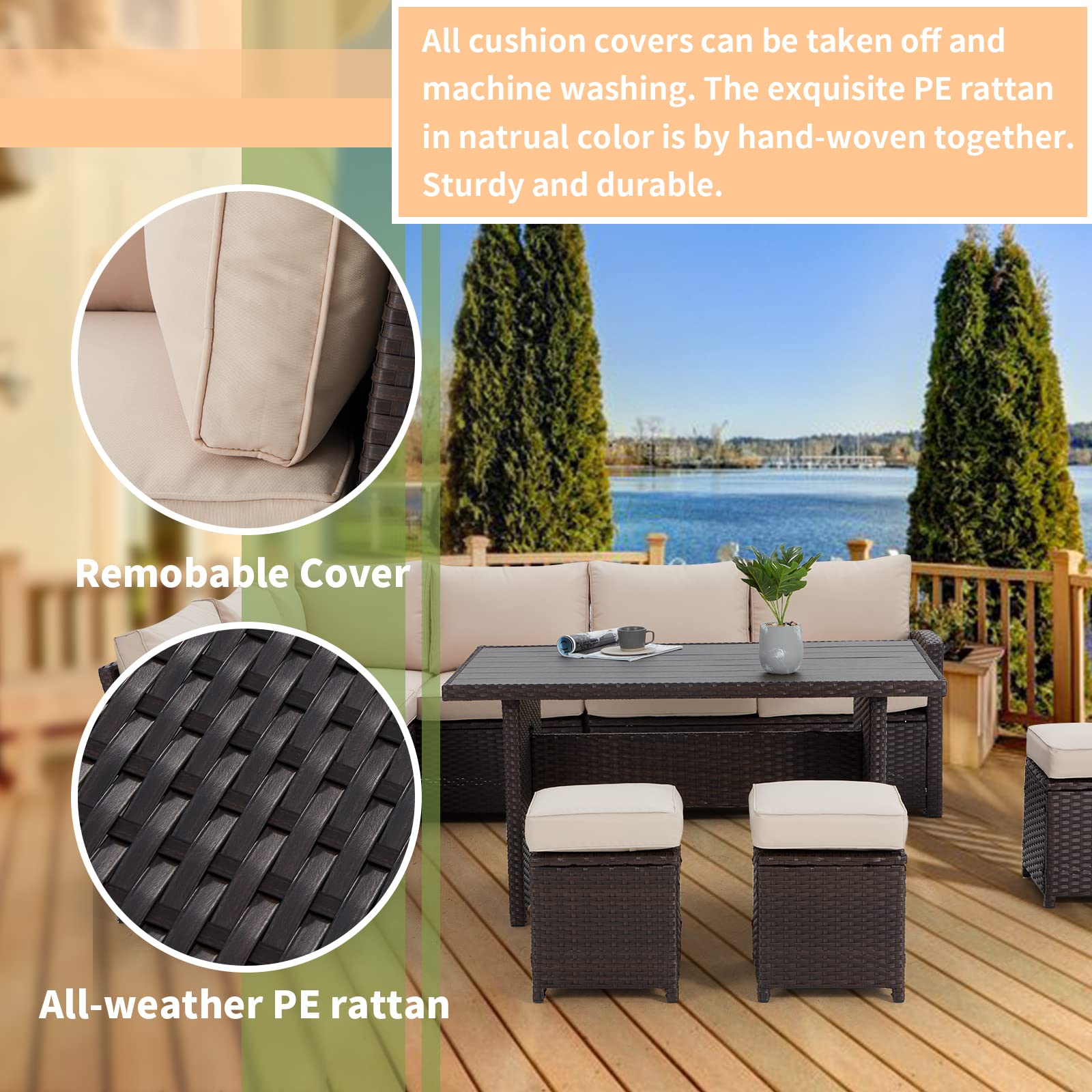 U-MAX 7 Pieces Patio Furniture Set Outdoor Sectional Sofa Conversation Set All Weather Wicker Rattan Couch Dining Table & Chair with Ottoman, Khaki Cushion