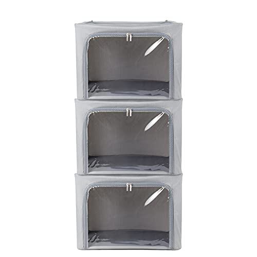 Stackable Clothes Storage Box for Clothing Gadgets,Steel Frame Storage Bins for Bedding Blankets Toys Gift,Foldable Oxford Fabric Closet Organizer Bag Set with Carry Handles and Clear Window (Medium- 40L x3 Pack, Grey)