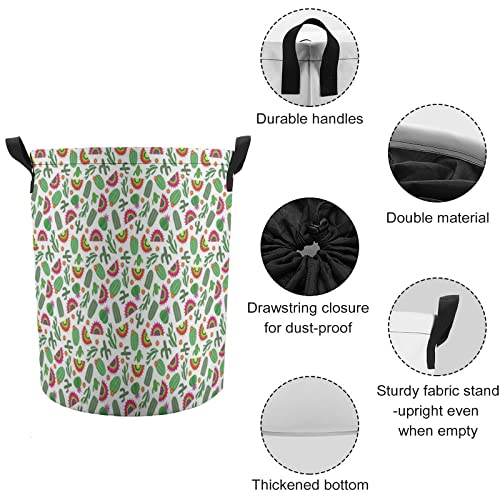 Mexican Style with Cactus Laundry Basket Round Collapsible Storage Bin with Drawstring and Handle for Bedroom Bathroom Toys Room 17.3" X 13.8"