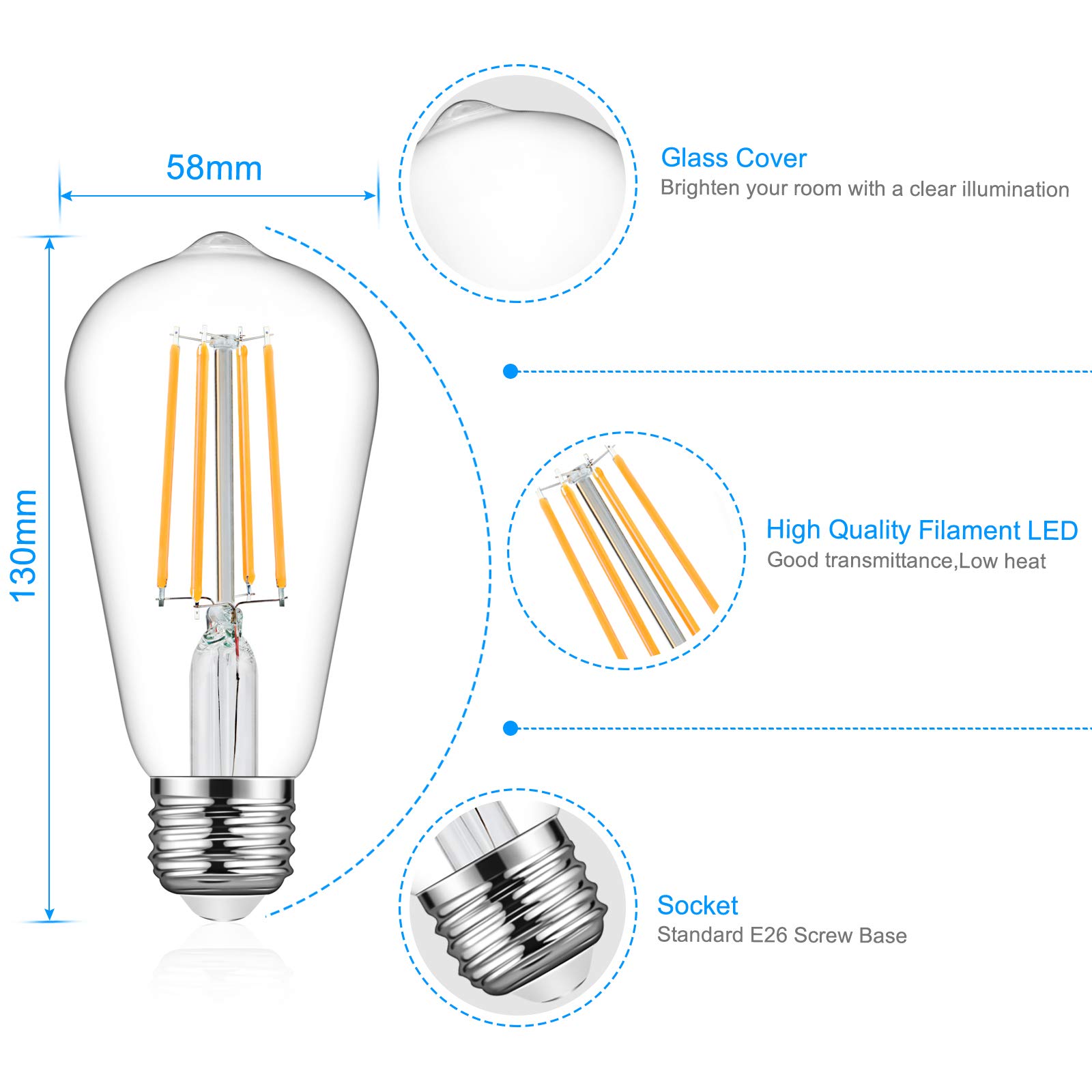 Defurhome LED Edison Bulbs 60W Equivalent, Daylight White 4000K, High 95+ CRI Eye Protection LED Bulb, ST58 LED Filament Light Bulbs, Antique Style Lighting, Non Dimmable, E26 Medium Base - Pack of 5