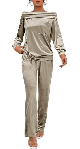 Ebifin Women's 2 Piece Lounge Sets Off Shoulder Casual Pajama Set Sweatshirt and Pants with Pockets Beige