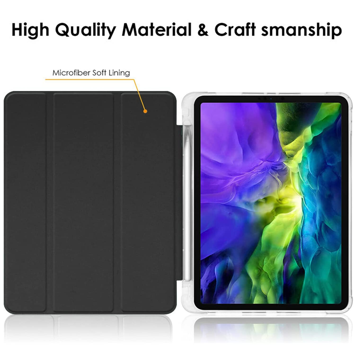 LRCXL Case Compatible with iPad 10.2 Inch 2021/2020 iPad 9th/8th Generation & 2019 iPad 7th Generation with Pencil Holder, Protective Case with Soft Clear TPU Back, Auto Sleep/Wake Cover(Black)