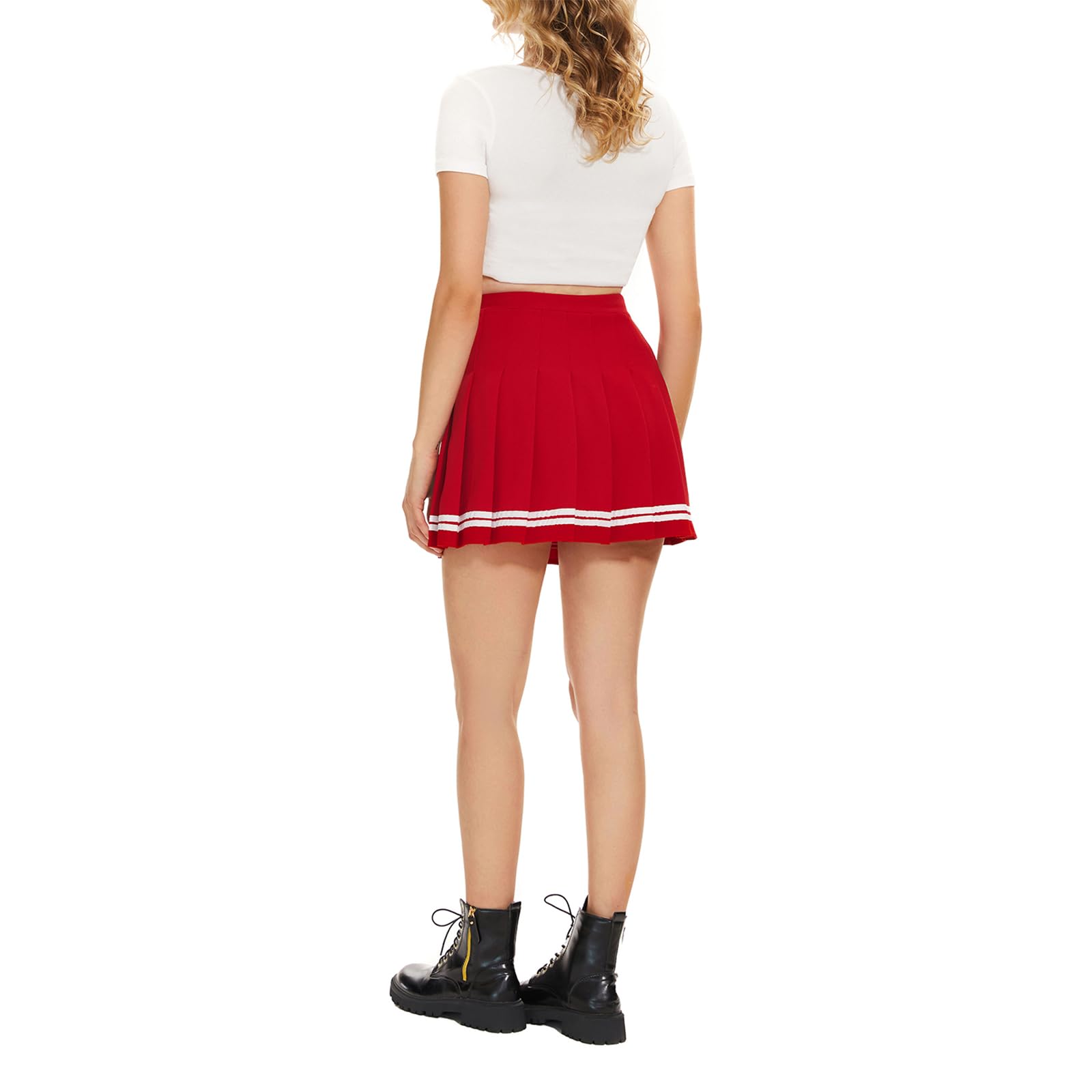 DRESS NICES Women Pleated Skirt A-Line Short Mini Basic Skirt School Uniform Cheerleader Skirts Skater Skirt Red White Strip M