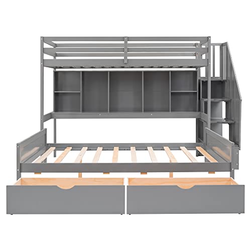 DEYOBED Twin over Full Bunk Bed Wooden Kids Bunk Bed Frame with Storage Shelves Drawers and Staircase for Kids Teens Adults
