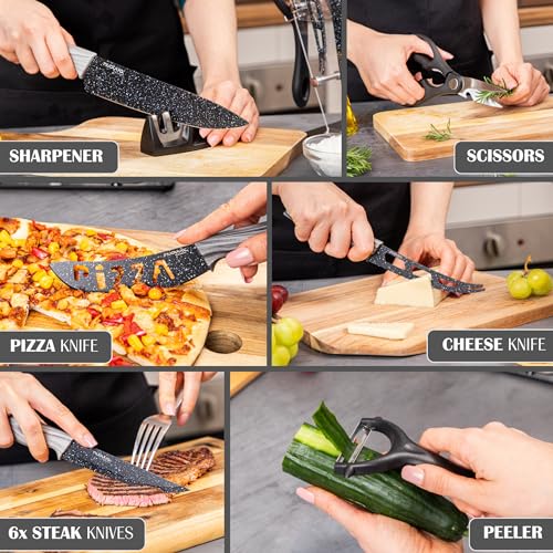 nuovva Professional Kitchen Knife Set with Block - Granite 18 Pcs with Knives Sharpener Peeler and Scissors - Clear Acrylic Block High Carbon Stainless Steel Blades Wood Affect Handle