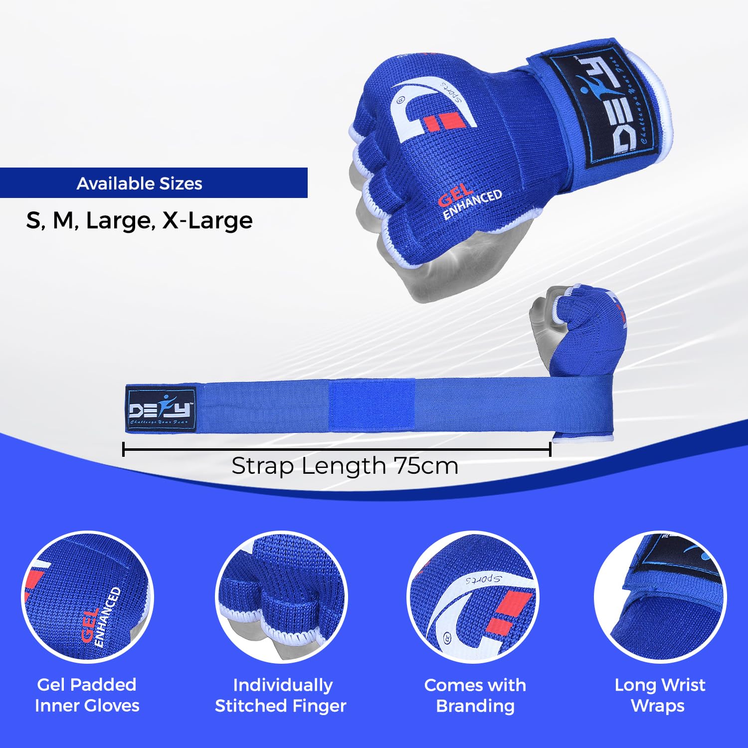 DEFY Padded Inner Gloves Quick 75cm long strap β Inner boxing gloves Gel padded knuckle protection β Elasticated boxing hand wraps for MMA Muay Thai Kickboxing Martial Arts Pair (Blue, Large)