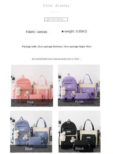 Teslawi kawaii backpack 4Pcs Set Aesthetic backpack 17in backpack,with Kawaii Pendants,Crossbody Bag ,Pencil Case, Handbag (Black)