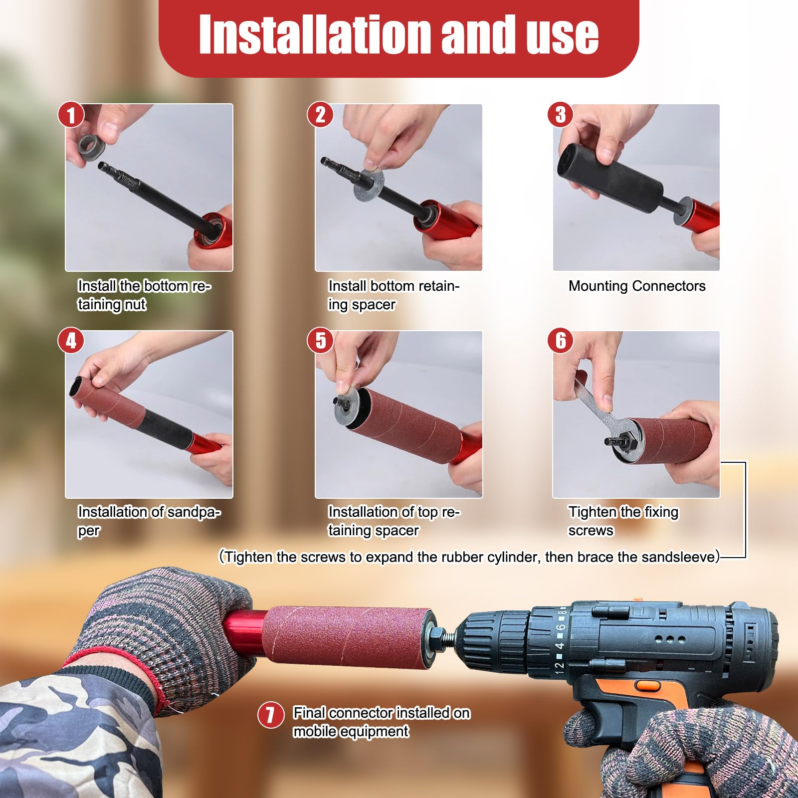 Spindle Sander Adapter for Power Drill, Hand-Held Rubber Sanding Drum, Universal Hexagonal Attachment for Power Drill Chuck
