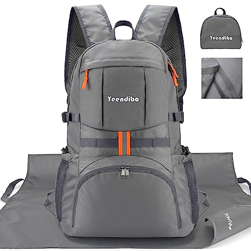 Yeendibo 33L Hiking Backpack with Portable-Rest Station for Camping/Travel/Outdoors, Versatile & Lightweight Foldable Daypack for Men/Women (Grey, Non-waterproof)