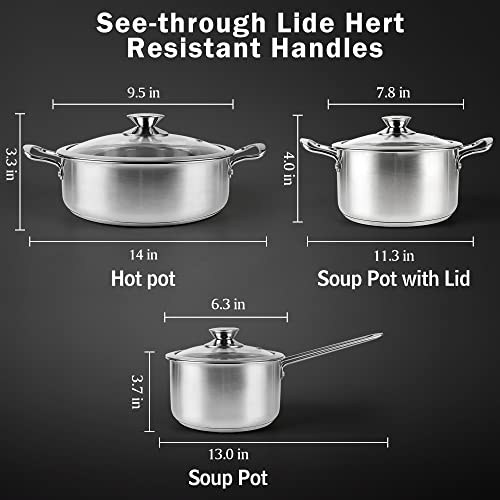 Stainless steel pot set,6 Piece Kitchen Induction Cookware Sets with Glass Lids, Stay Cool Handle, Works with Induction, Electric and Gas Cooktops, Oven Safe,Dishwasher
