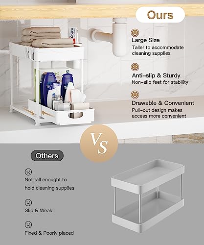 MERRYBOX 2 Pack Under Sink Organizers and Storage, Sliding Under Bathroom Cabinet Organizer, 2 Tier Kitchen Under Sink Organizer Pull Out Drawer with 8 Hooks, 2 Hanging Cups, 8 Non-Slip Feet, White