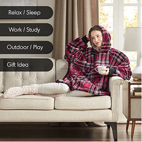 DEGREES OF COMFORT Original Sherpa Wearable Blanket Hoodie, Oversized Hooded Sweatshirt Blankets, One Big Size Fits All, 38x32 Red Plaid