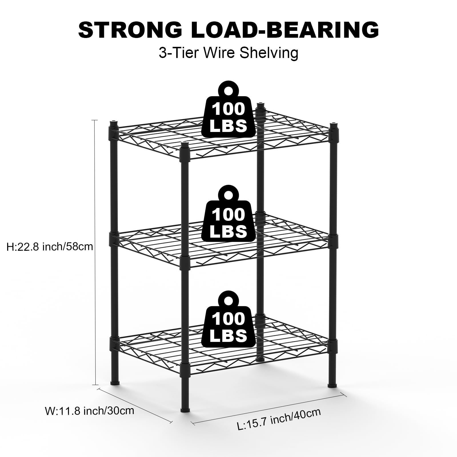 KKN Storage Wire Shelving, 3-Tier Metal Storage Rack - Industrial Steel Shelving Unit for Kitchen, Laundry and Garage, Durable Garage Storage Shelves and Utility Racks 15.7" L x 11.8" W x 22.8" H