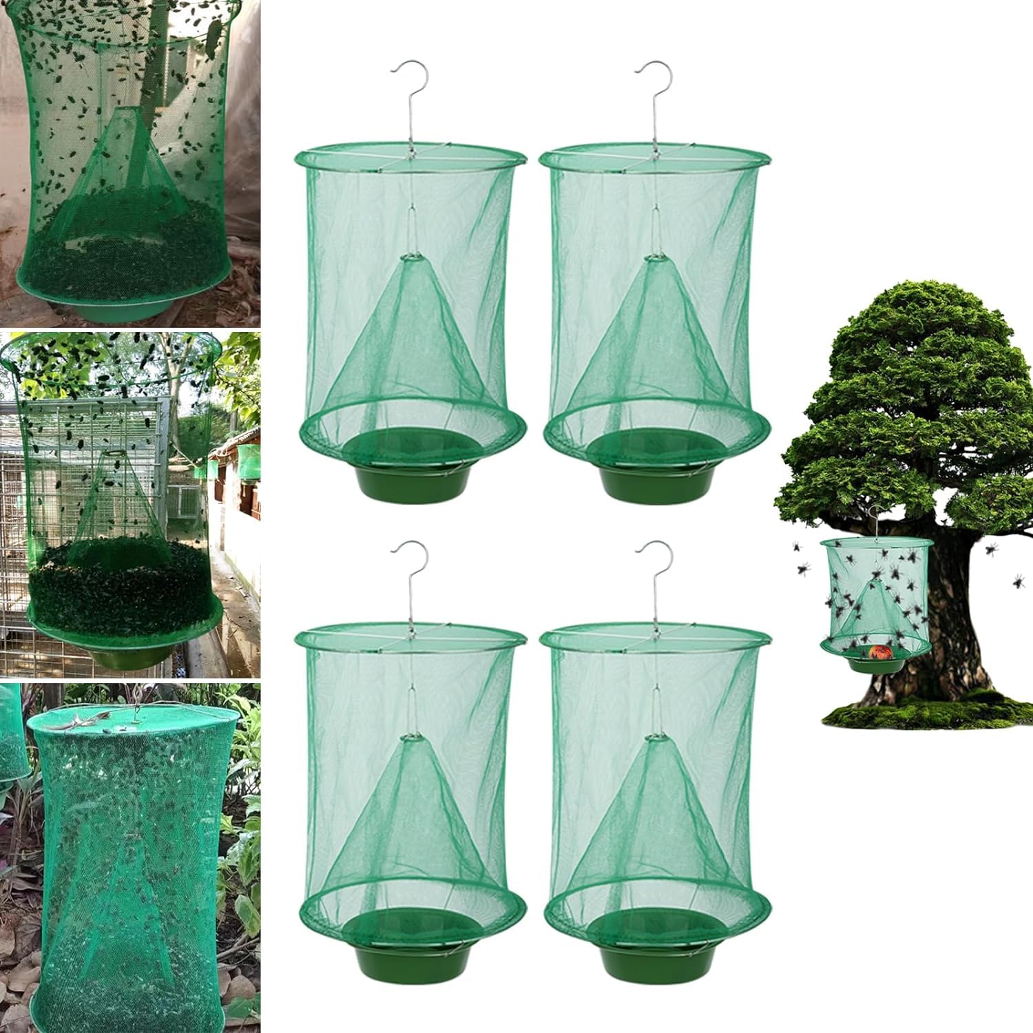 FOTWUZ 4 Pack Ranch Fly Traps - Reusable Fly Traps Outdoor Indoor Hanging,Stable Fly Traps with Bait-Tray Fly Catcher Cage Fly Net Bag for Farms,Park, Restaurants, Green