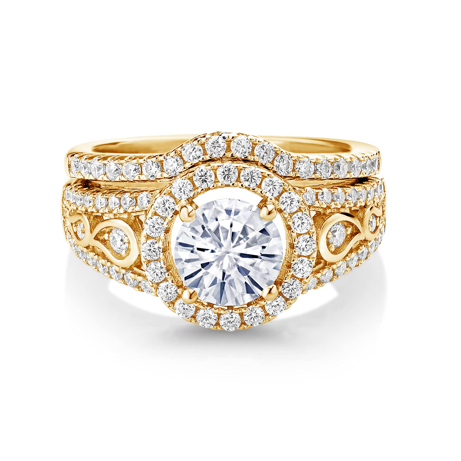 Gem Stone King 18K Yellow Gold Plated Silver Moissanite Women Wedding Engagement Ring Band Bridal Set (1.74 Cttw, Center 6.5MM, Available In Size 5, 6, 7, 8, 9)