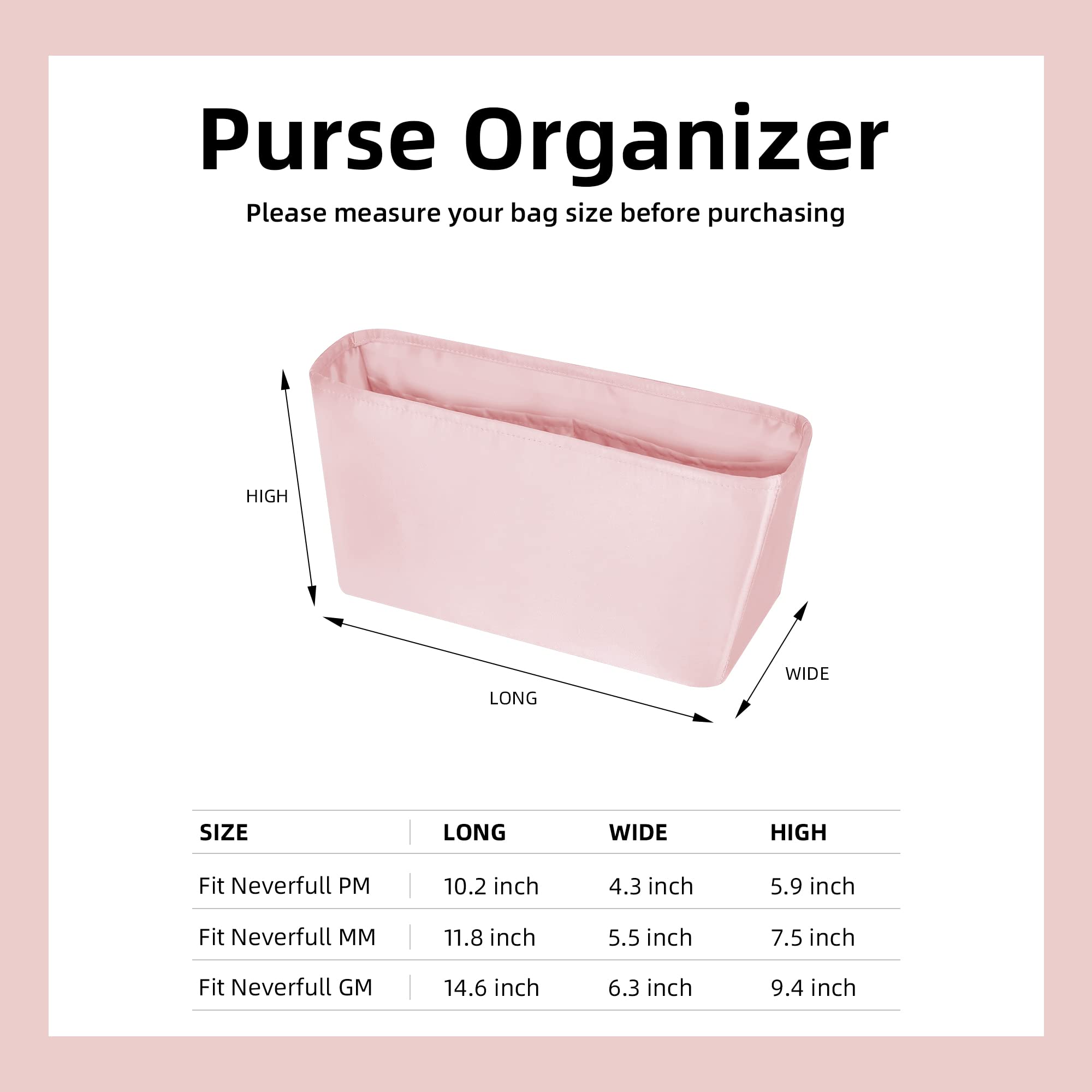 DGAZ Purse Organizer Insert Fits LV Neverfull Mini/PM/MM/GM Bags,Silk Bag Organizer,Luxury Handbag & Tote Shaper(MM, Pink)